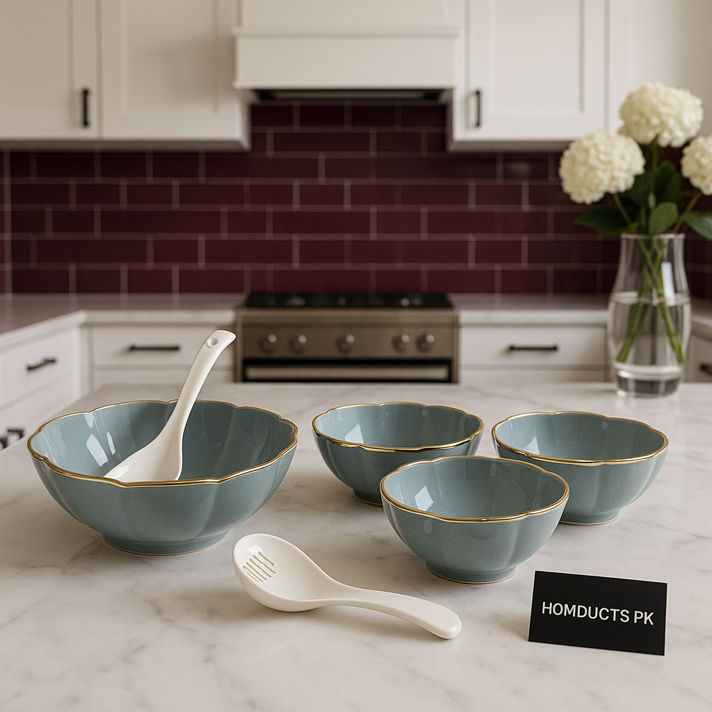 Premium 14-Piece Ceramic Soup Set – Luxury Blue with Golden Rim – Homducts