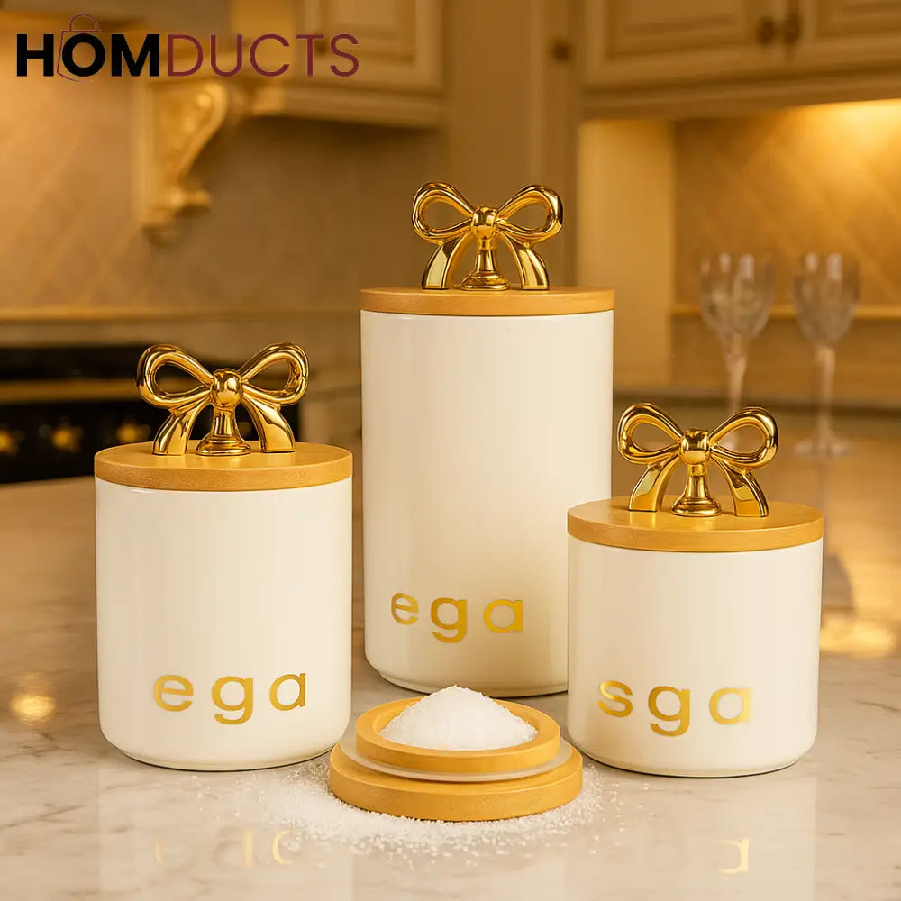 Luxury Ceramic Canister Set with Gold Bow Lids – Set of 3 – Homducts