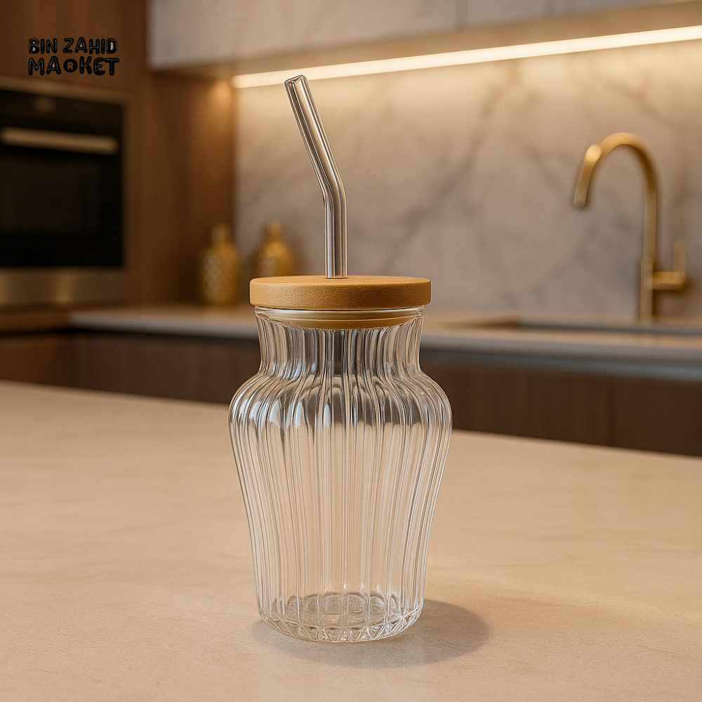 Eco-Friendly 450ml Ribbed & Plain Glass Tumbler with Bamboo Lid & Stra – Homducts