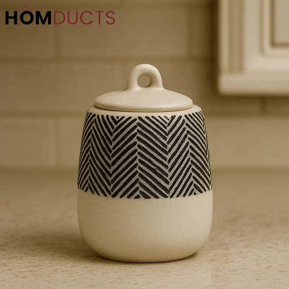 220ml Ceramic Sugar Pot with Lid – Black Herringbone Design – Homducts