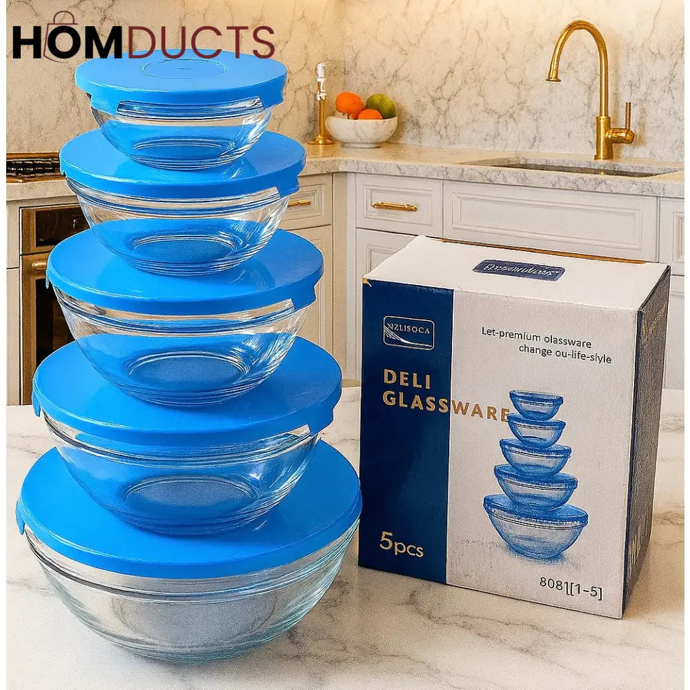5-Piece Glass Mixing & Storage Bowl Set with Blue Airtight Lids – Stac ...