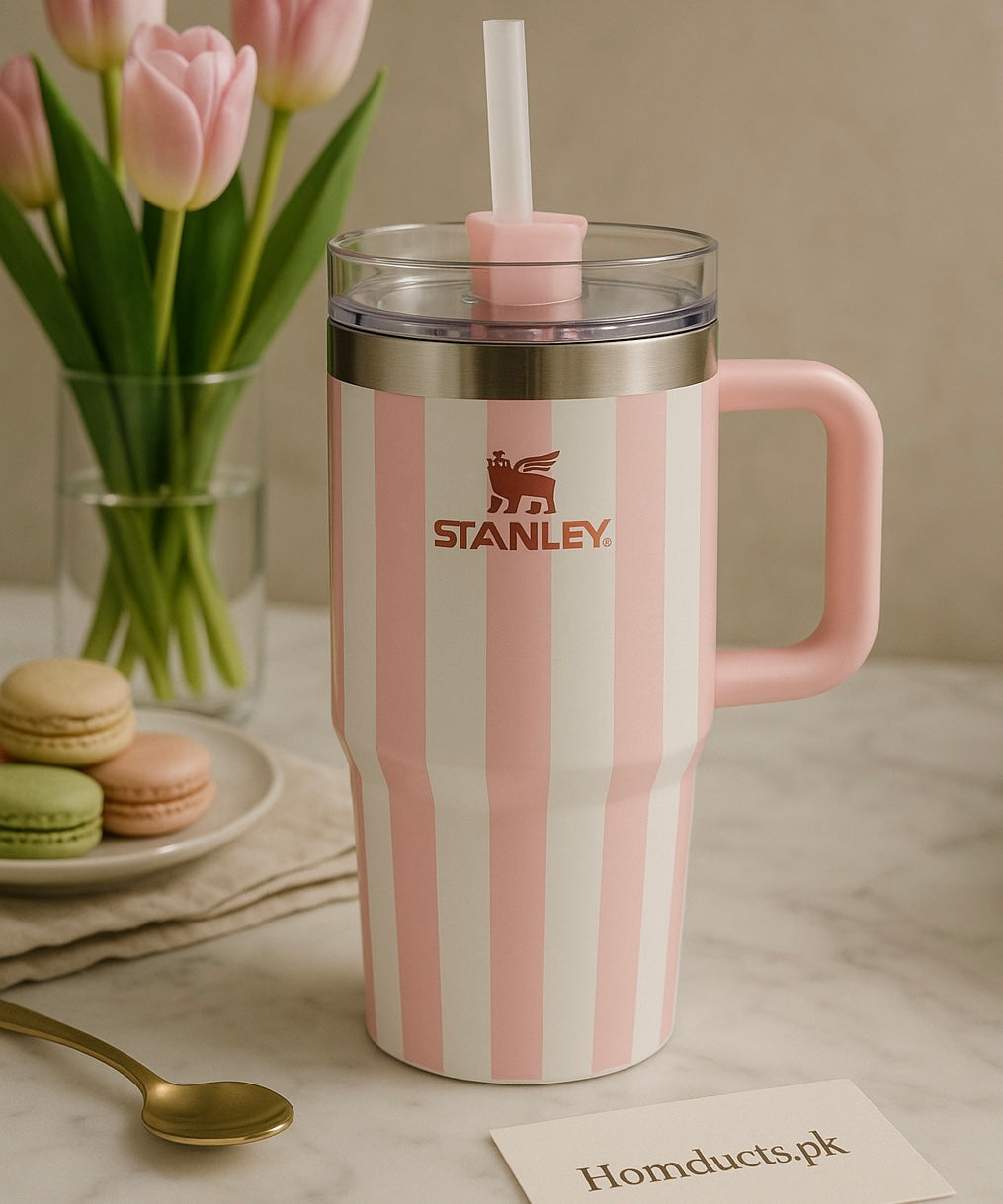 Stanley 20oz Pink & White Striped Tumbler with Handle and Straw – Prem ...
