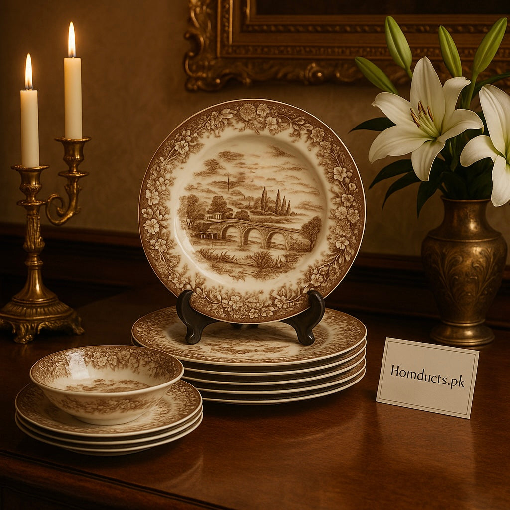 Vintage Elegance 18-Piece Dinner Plate Set – Classic Brown Floral & Sc ...