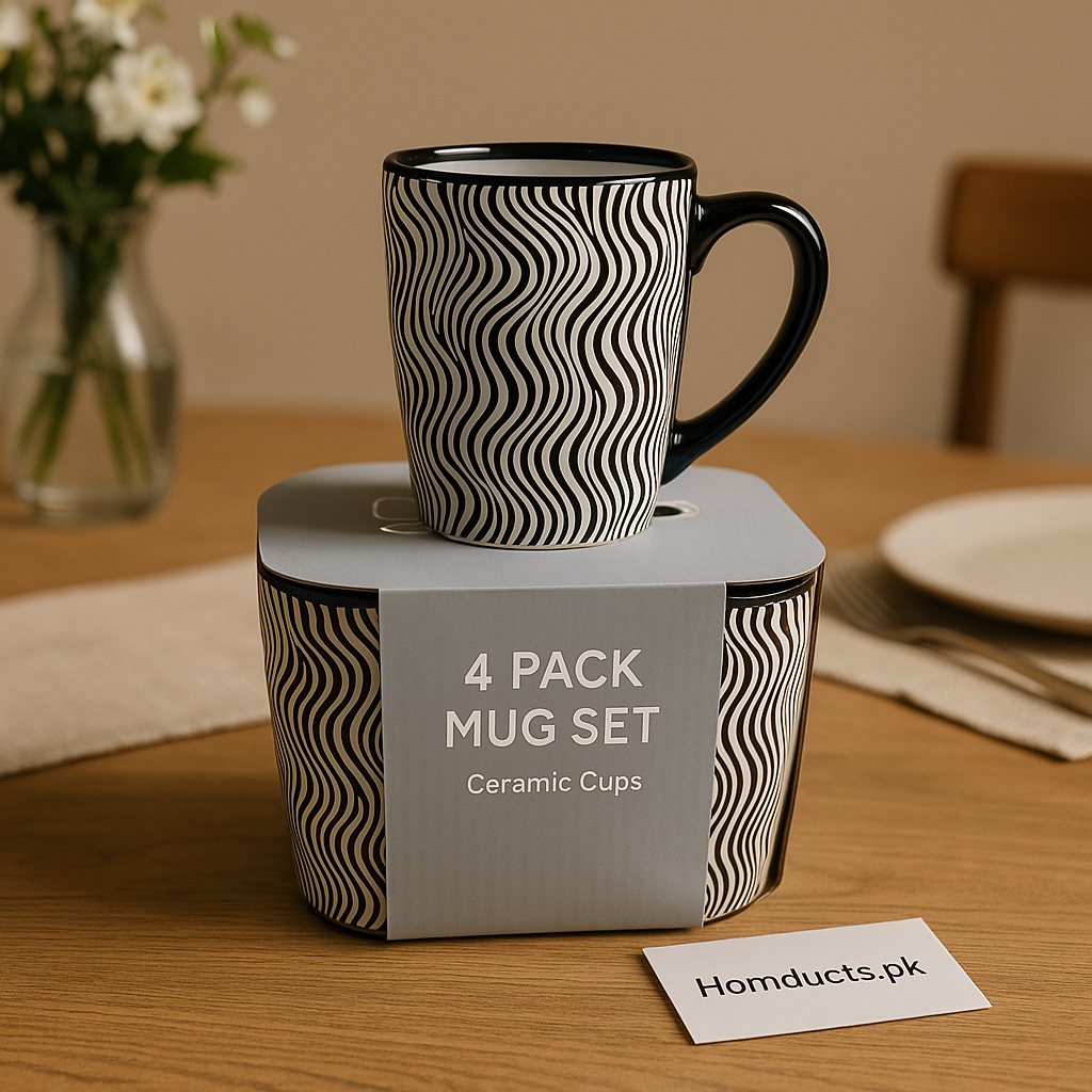 Premium Black & White Ceramic Mug Set – 4pcs Stylish Wave Pattern Tea ...