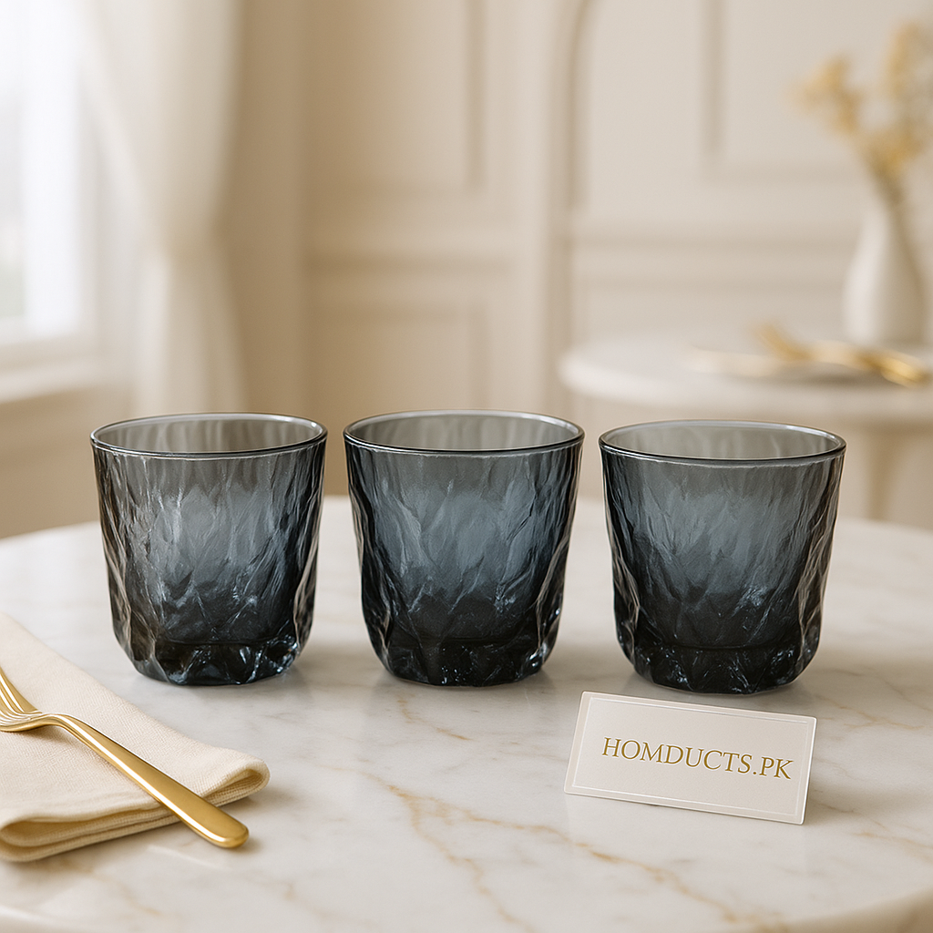 Midnight Crystal 6-Piece Textured Glass Set – Smoky Black – Homducts