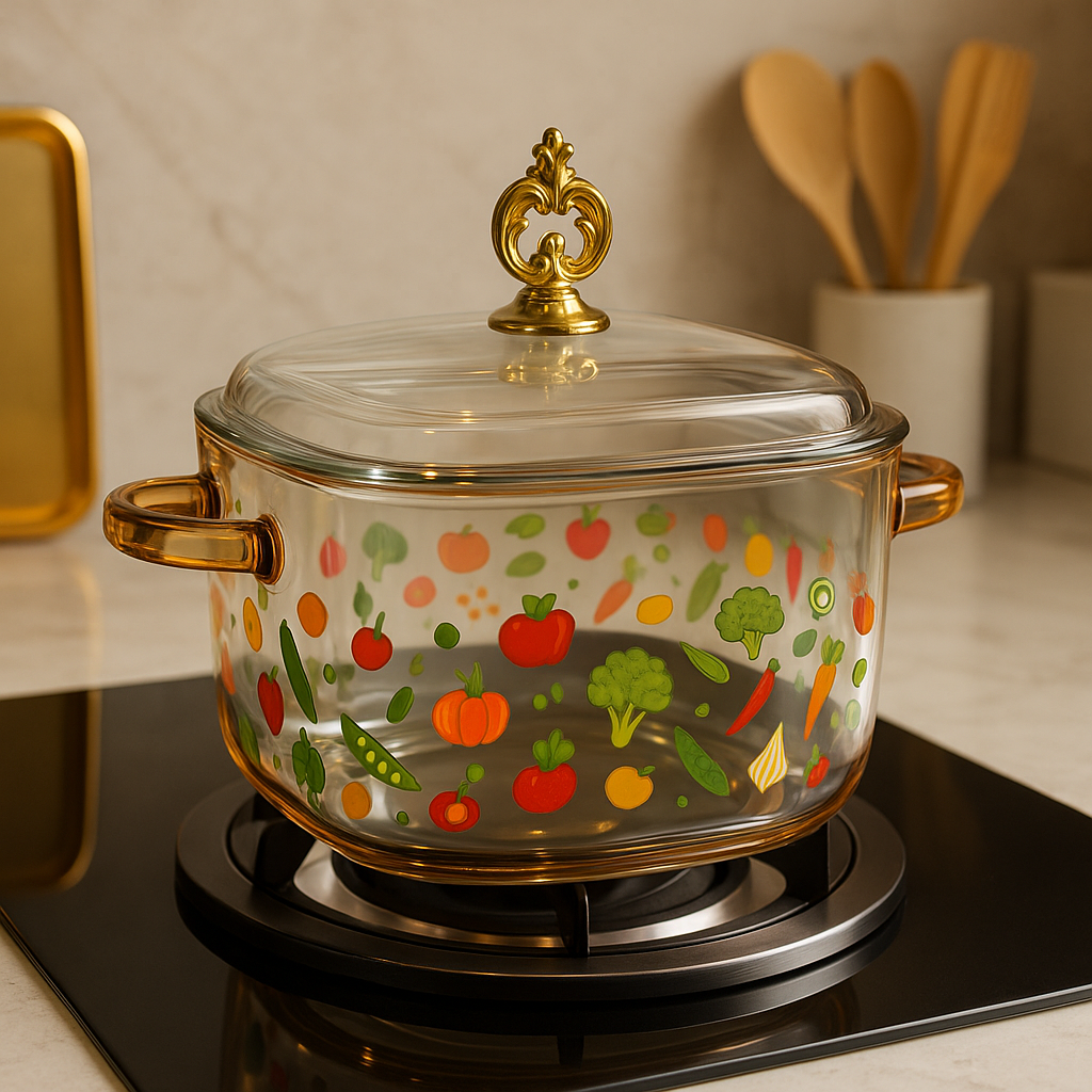 Luxury Amber Glass Cooking Pot with Gold Lid – Heat-Resistant Borosili ...