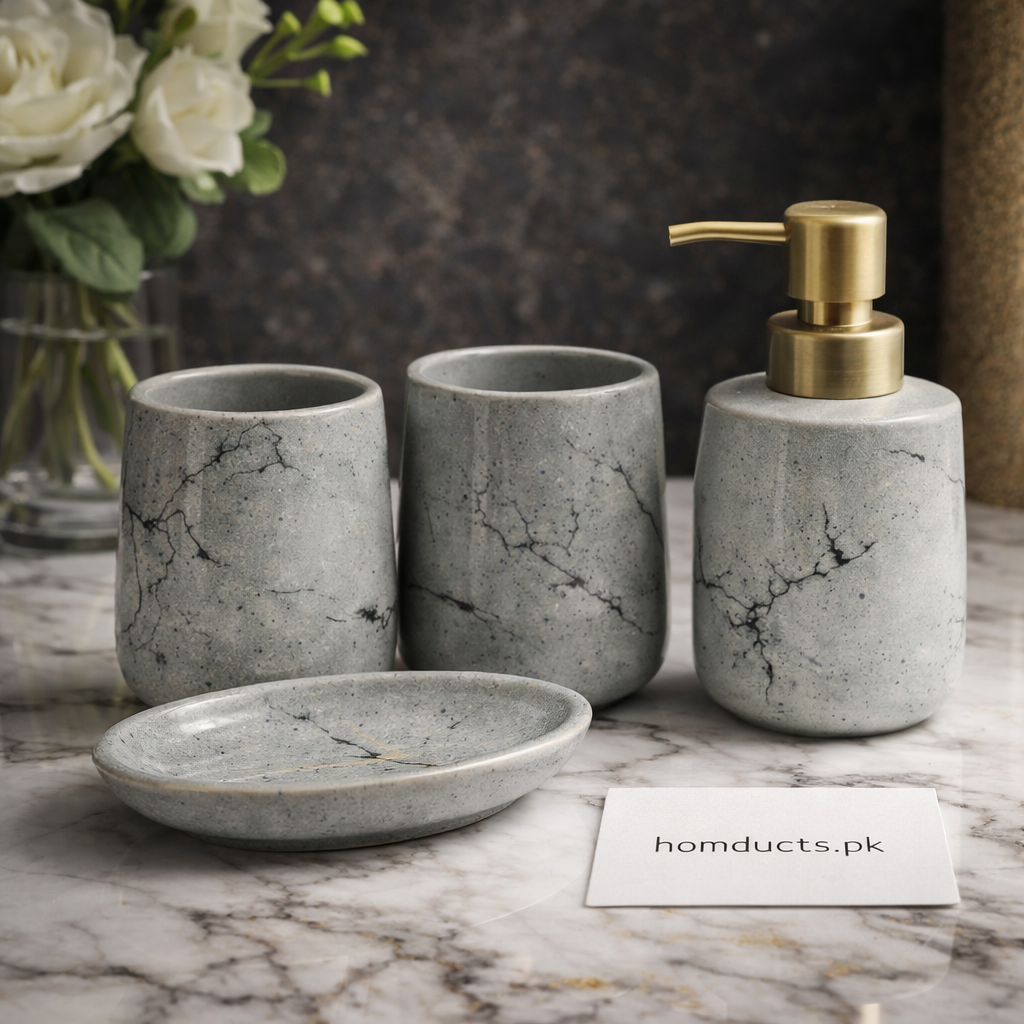 Luxury Marble-Effect Ceramic Bathroom Accessories Set (4-Piece) – Prem ...