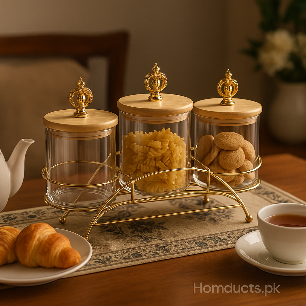 Luxury 3-Piece Metal Glass Storage Jar Set with Golden Stand – Homducts