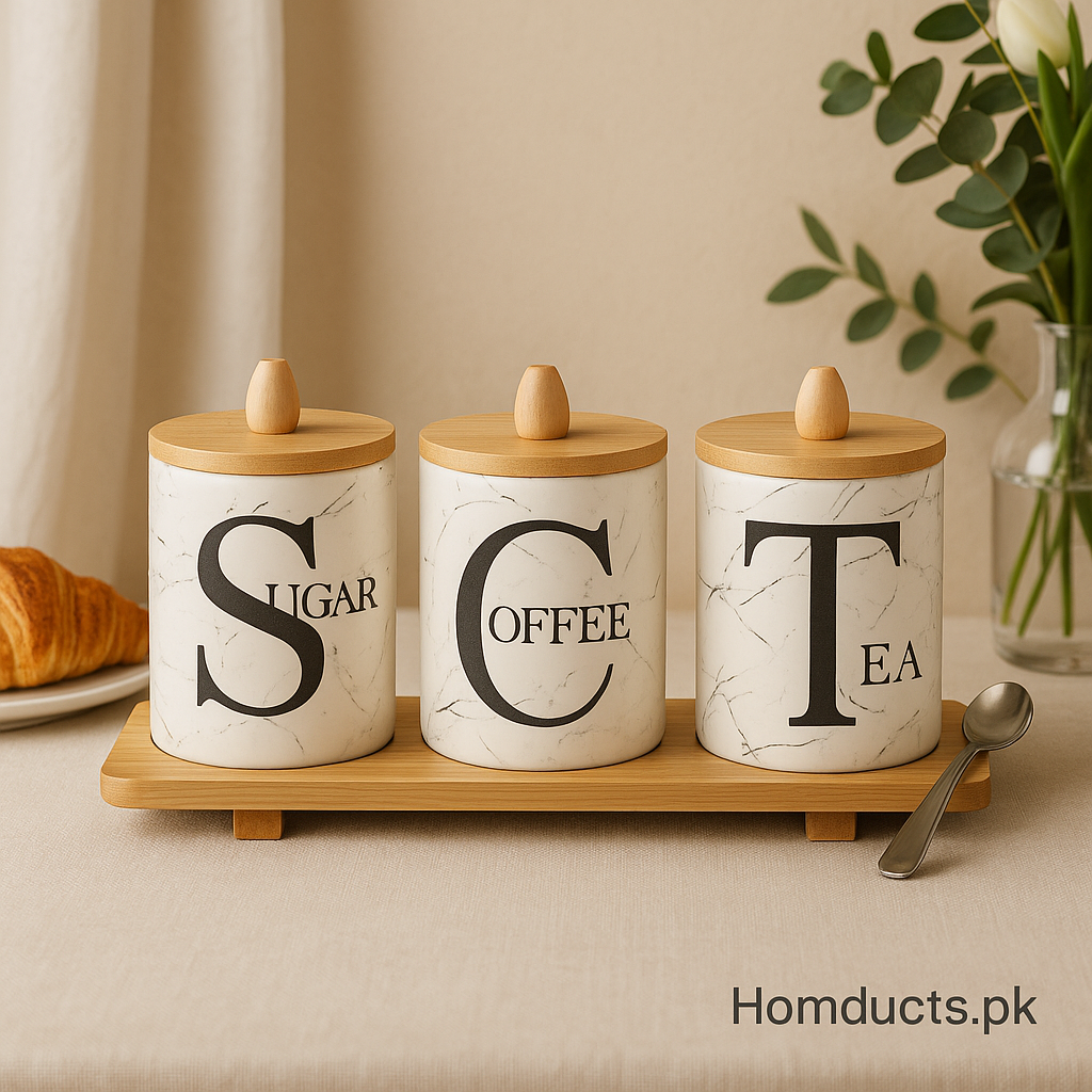 Luxury Marble Ceramic Tea Coffee Sugar Jar Set with Wooden Lids & Tray ...