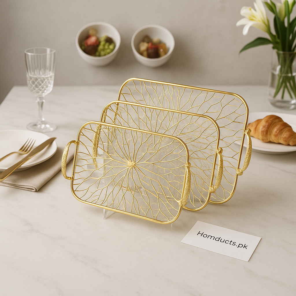 Luxury Golden Leaf Design Tray Set – 3 Pcs Premium Decorative Serving ...