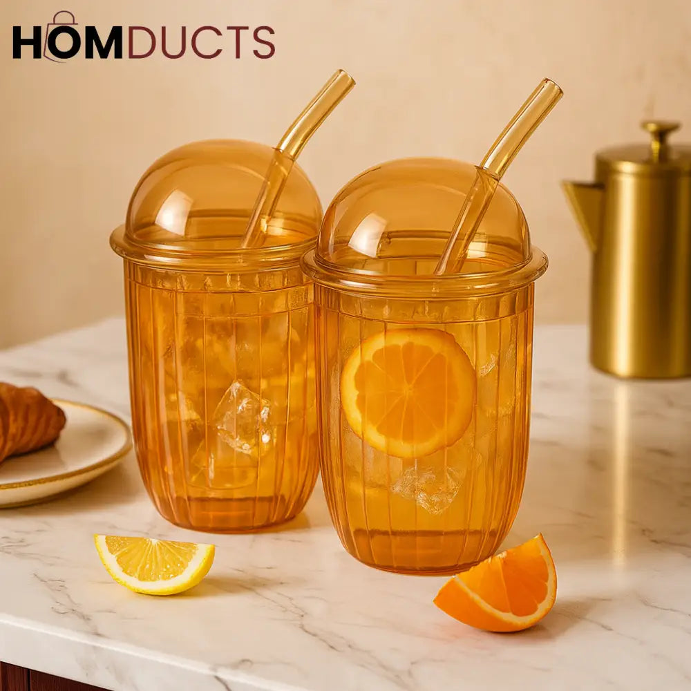 Amber Dome-Lid Iced Drink Cups with Straw – 1 Piece Ribbed Reusable Tu ...