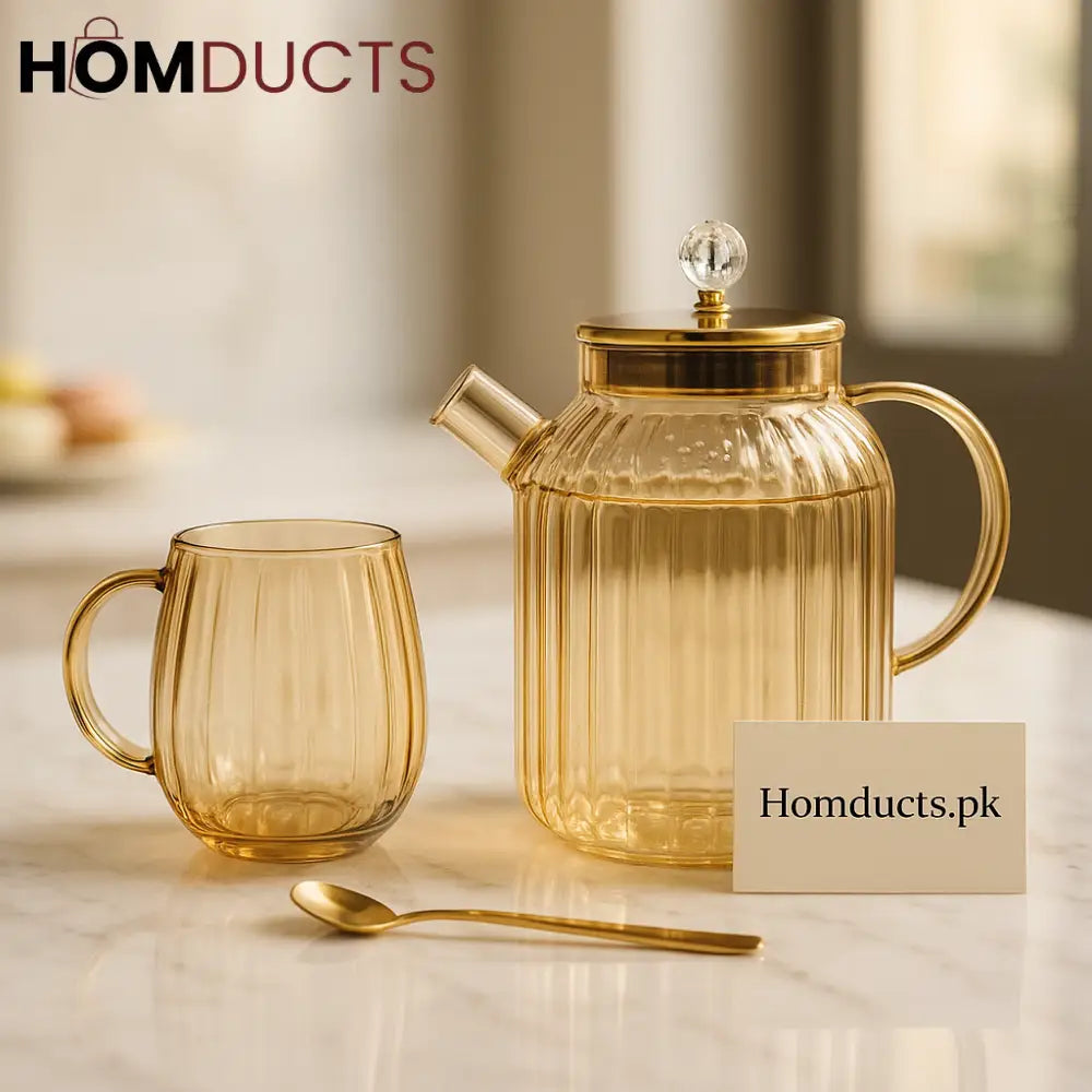 Amber Luxe Ribbed Glass Tea Set – 1 Kettle, 6 Glass Cups & 6 Golden Sp ...