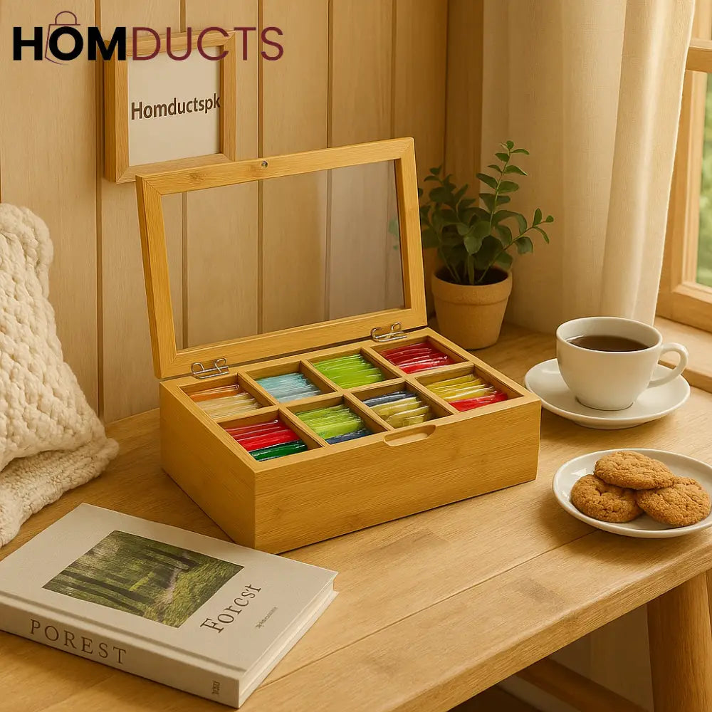 Bamboo Tea Organizer Box with Glass Lid – 6 & 8 Grid Compartment Stora ...