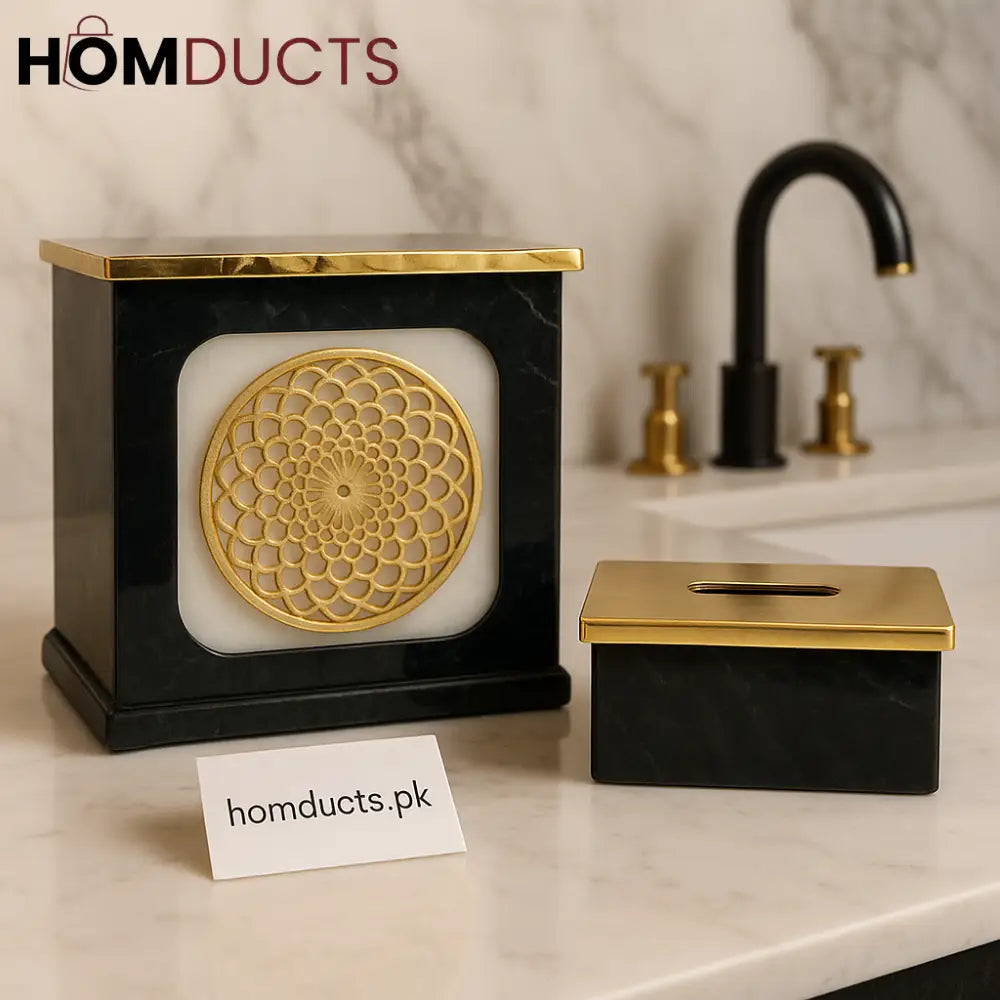 Black & Gold Luxe Marble Tissue Box & Dustbin Set – Premium Bathroom A ...