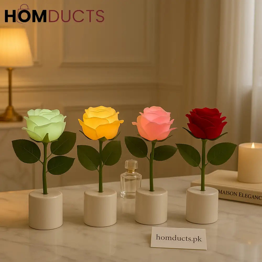 Luminous Rose Light Decor – 4 Color LED Flower Lamps in Ceramic Base ...