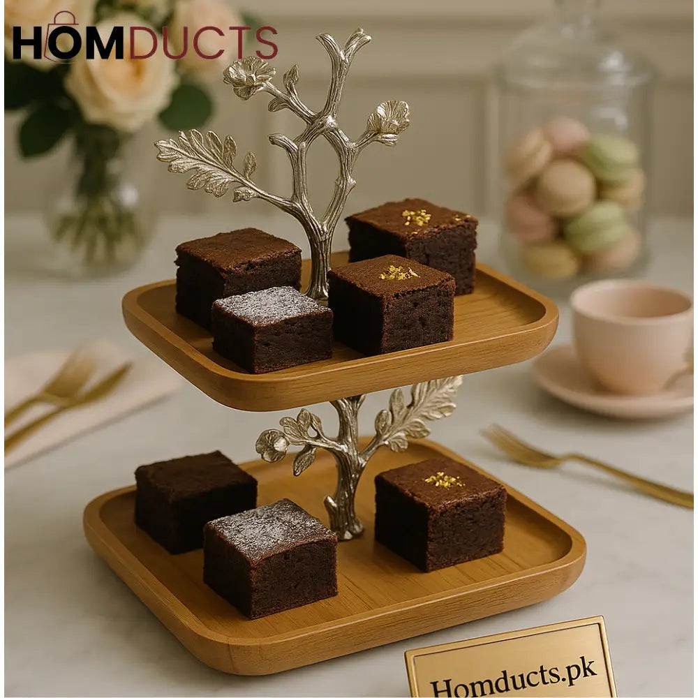 Luxury 2-Tier Wooden Dessert Stand with Silver Leaf Handle – Homducts