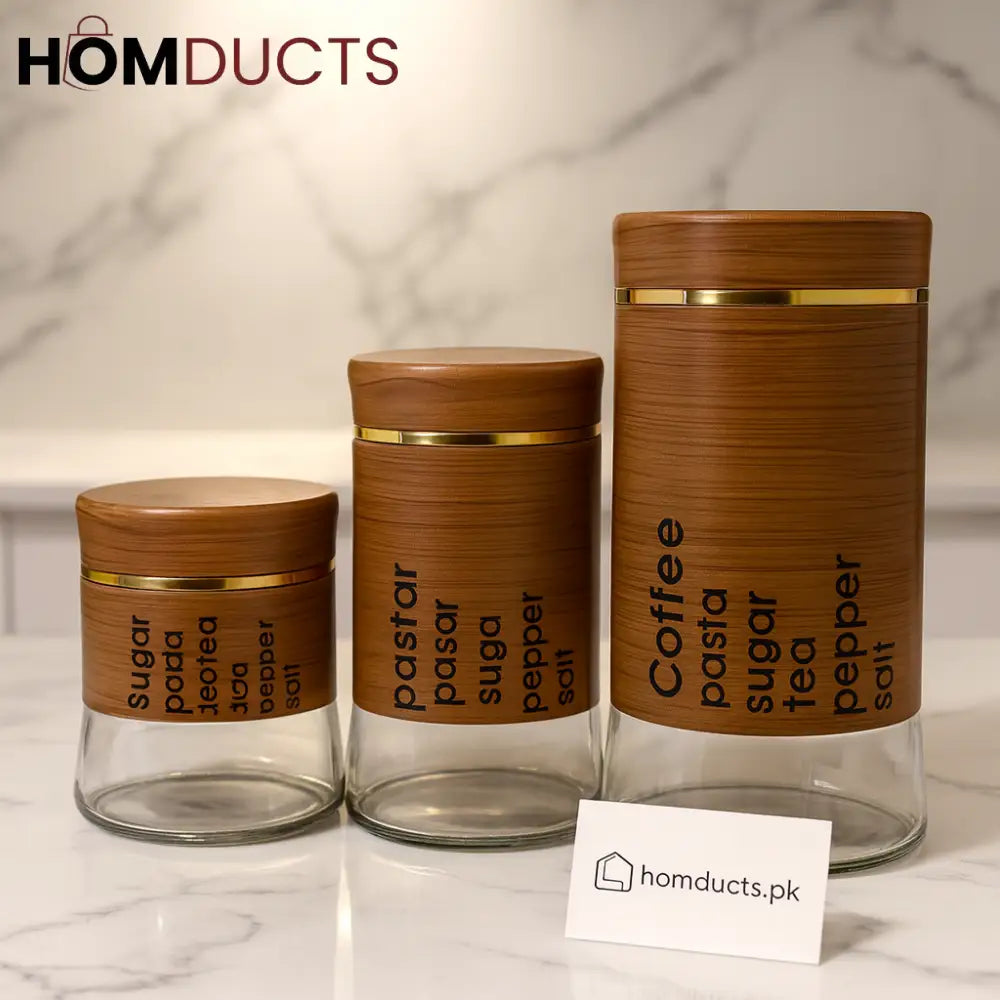 Luxury 3-Piece Glass Storage Jar Set with Wooden Lids – Coffee, Sugar ...