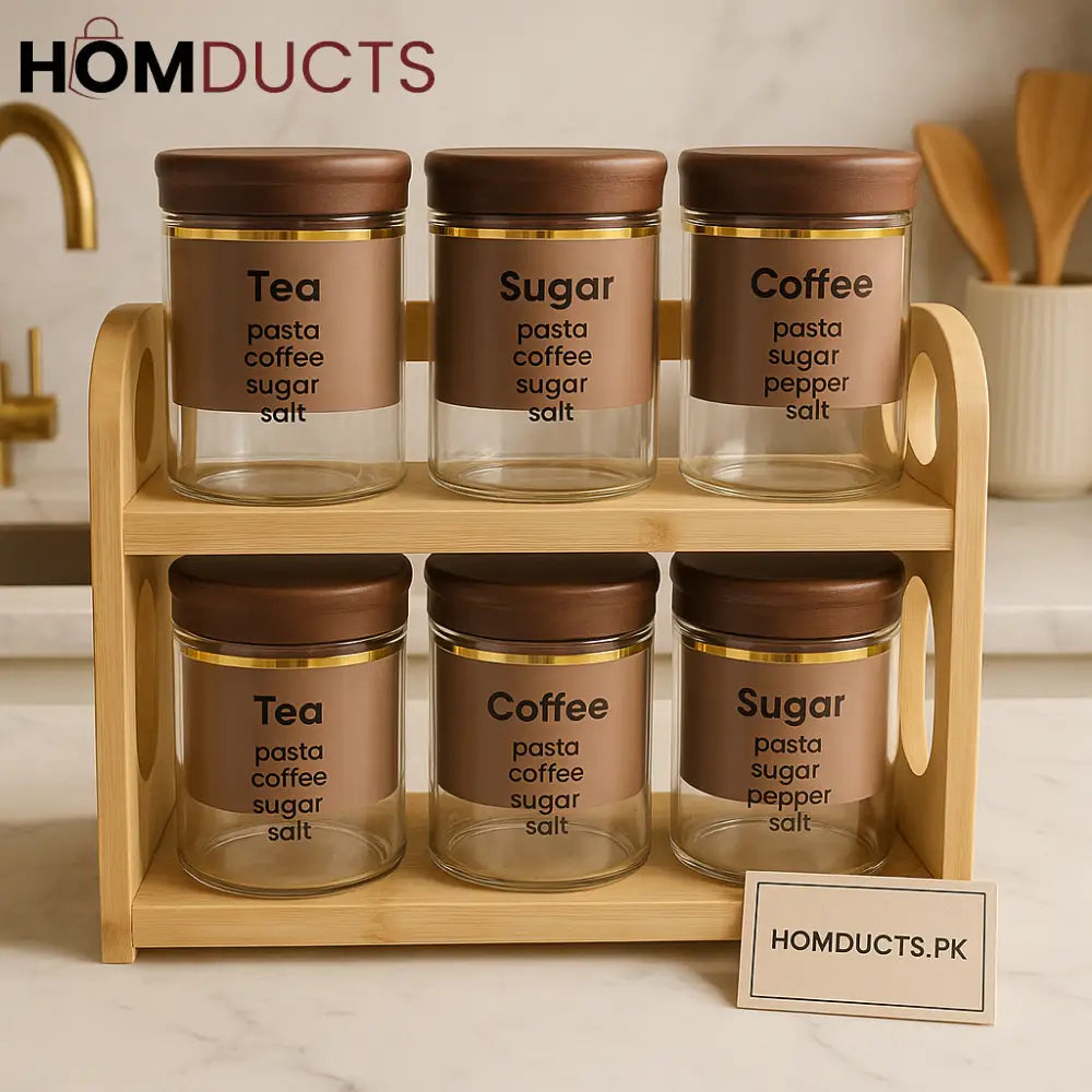 Luxury 6-Piece Glass Storage Jar Set with Wooden Rack – Tea, Coffee, S ...
