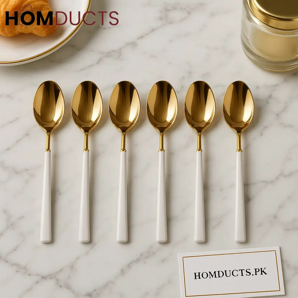 Luxury Gold & White Dessert Spoon Set – 6-Piece Premium Cutlery – Homducts