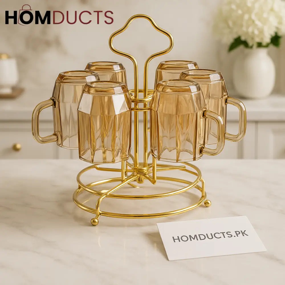 Luxury Golden Rotating Glass Mug Stand – 6 Holder Organizer – Homducts