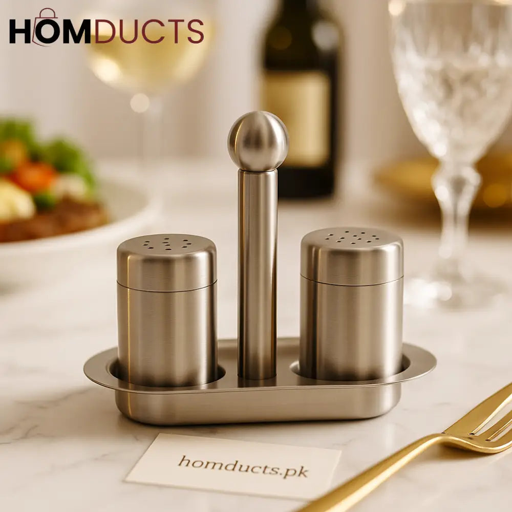 Luxury Stainless Steel Salt & Pepper Shaker Set with Elegant Holder ...