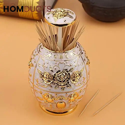 Luxury Toothpick Holder with Lid – Vintage Ornate Pearl & Gold Design ...