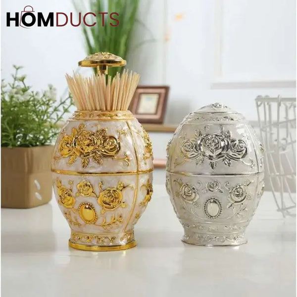 Luxury Toothpick Holder with Lid – Vintage Ornate Pearl & Gold Design ...