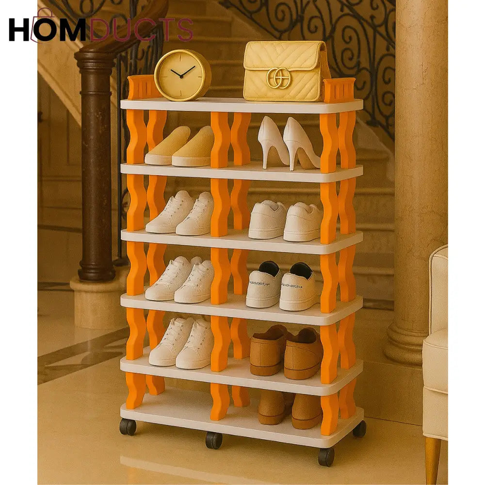Modern 5-Tier Rolling Shoe Rack with Wavy Orange Frame – Space-Saving ...