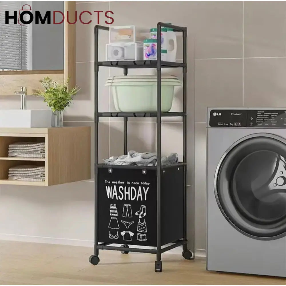 Multi-Tier Laundry Storage Rack with Rolling Wheels – Washday Hamper O ...
