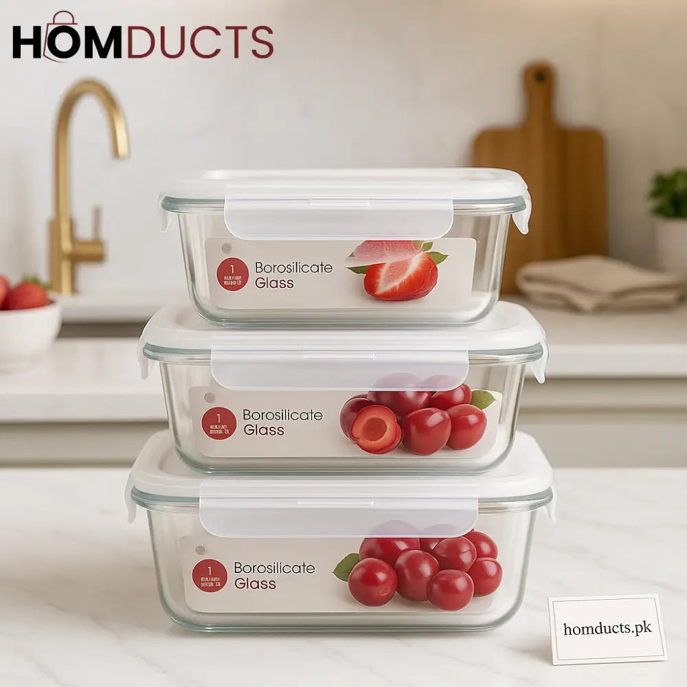 Premium Borosilicate Glass Food Storage Container 3pcs Set – Airtight ...