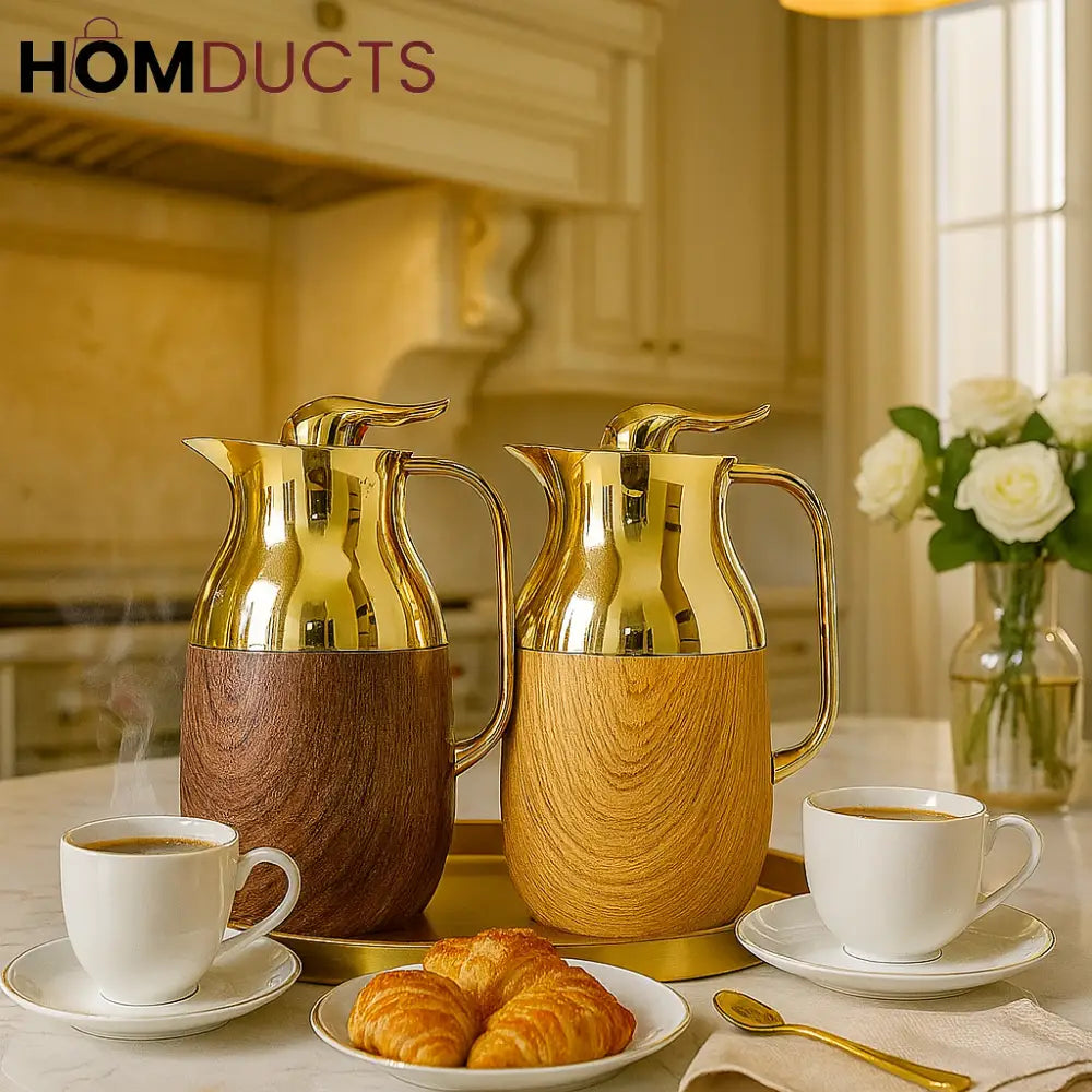 Royal Gold Luxe Thermos Set – Wood Texture with Golden Finish – Homducts