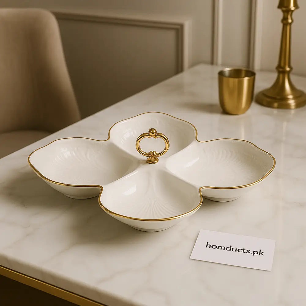 Royal Petal Ceramic Snack Dish – 4 Section Gold Rim Server – Homducts