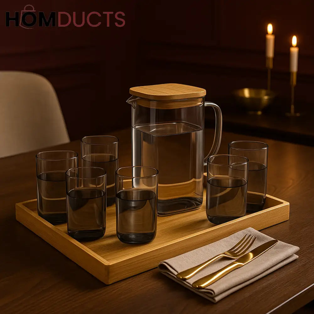 Smoke Glass Pitcher Set with Bamboo Lid & Tray – 7-Piece Luxury Drinkw ...